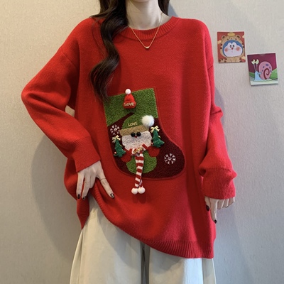 大码女装本命年红色圣诞新款冬季红色毛衣可爱卡通图案针织衫上衣