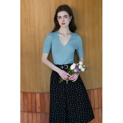 miorastudio蓝色V领短袖针织衫