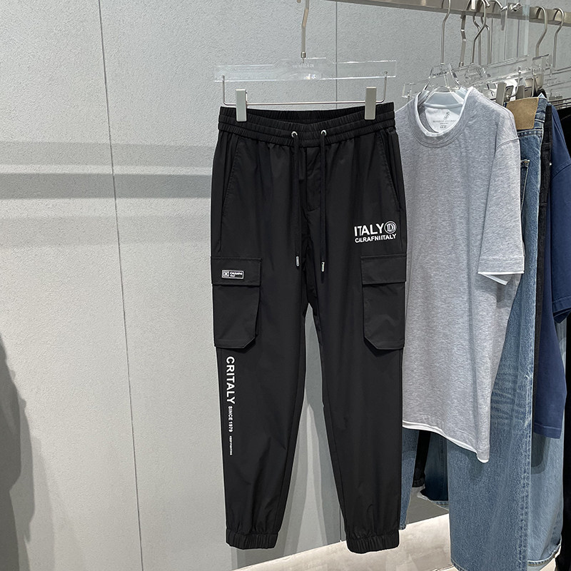 现货CALRAFNI卡尔拉费尼 CR 男士 黑色 印花logo双口袋休闲裤