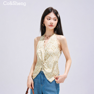 小个子法式碎花扭结收腰挂脖背心