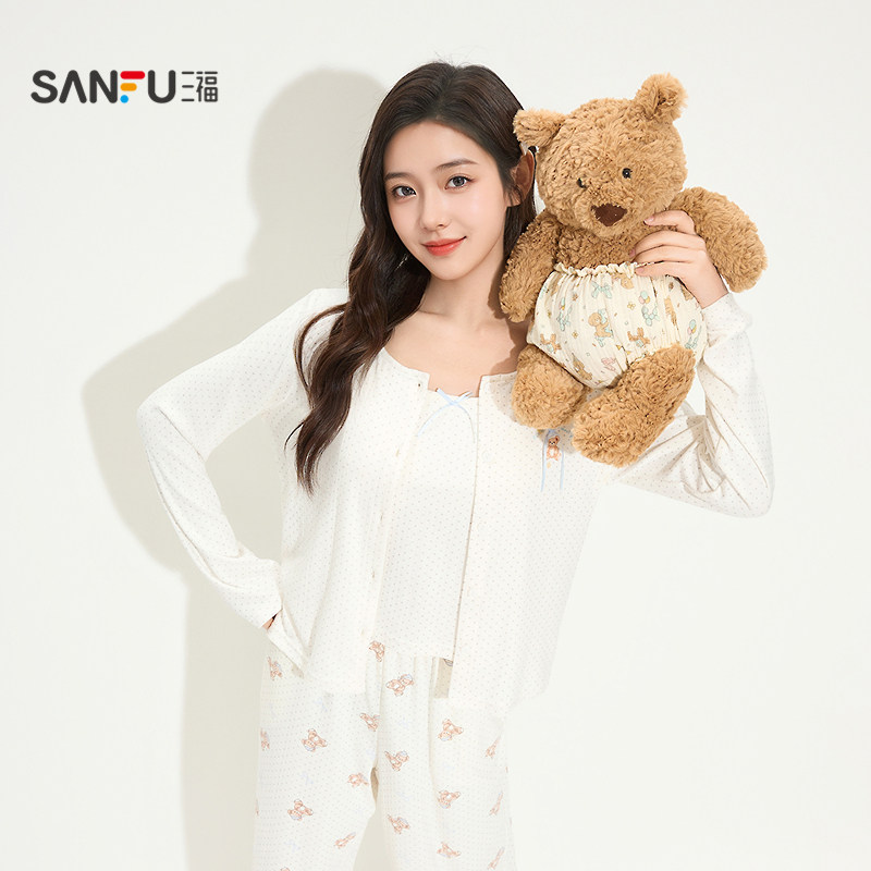 三福女秋季小熊三件套套装 甜系多巴胺宽松磨毛家居服515114