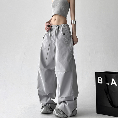 抽绳高腰美式休闲拖地裤