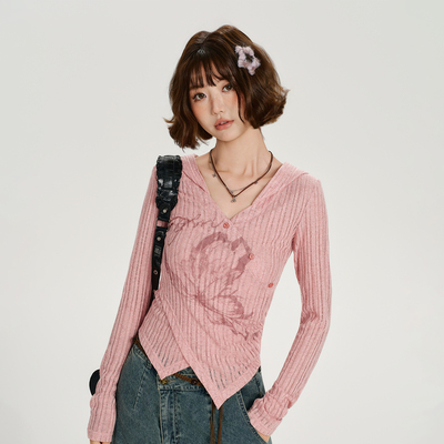 Girlyhalo美式复古印花连帽长袖t恤女秋季新款不规则修身显瘦上衣