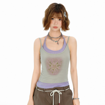 Girlyhalo美式复古烫钻印花两件套吊带背心女夏新款可分开穿上衣