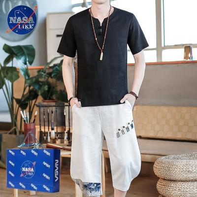 NASALIKE短袖t恤男夏季中国风套装亚麻半袖唐装中式复古汉服棉麻