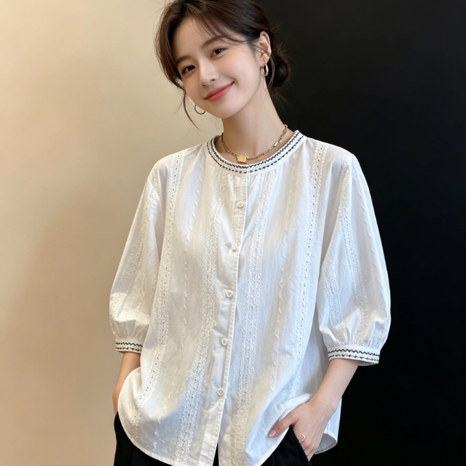 夏装重工刺绣白色七分袖衬衫女新款宽松休闲洋气圆领纯棉小衫上衣