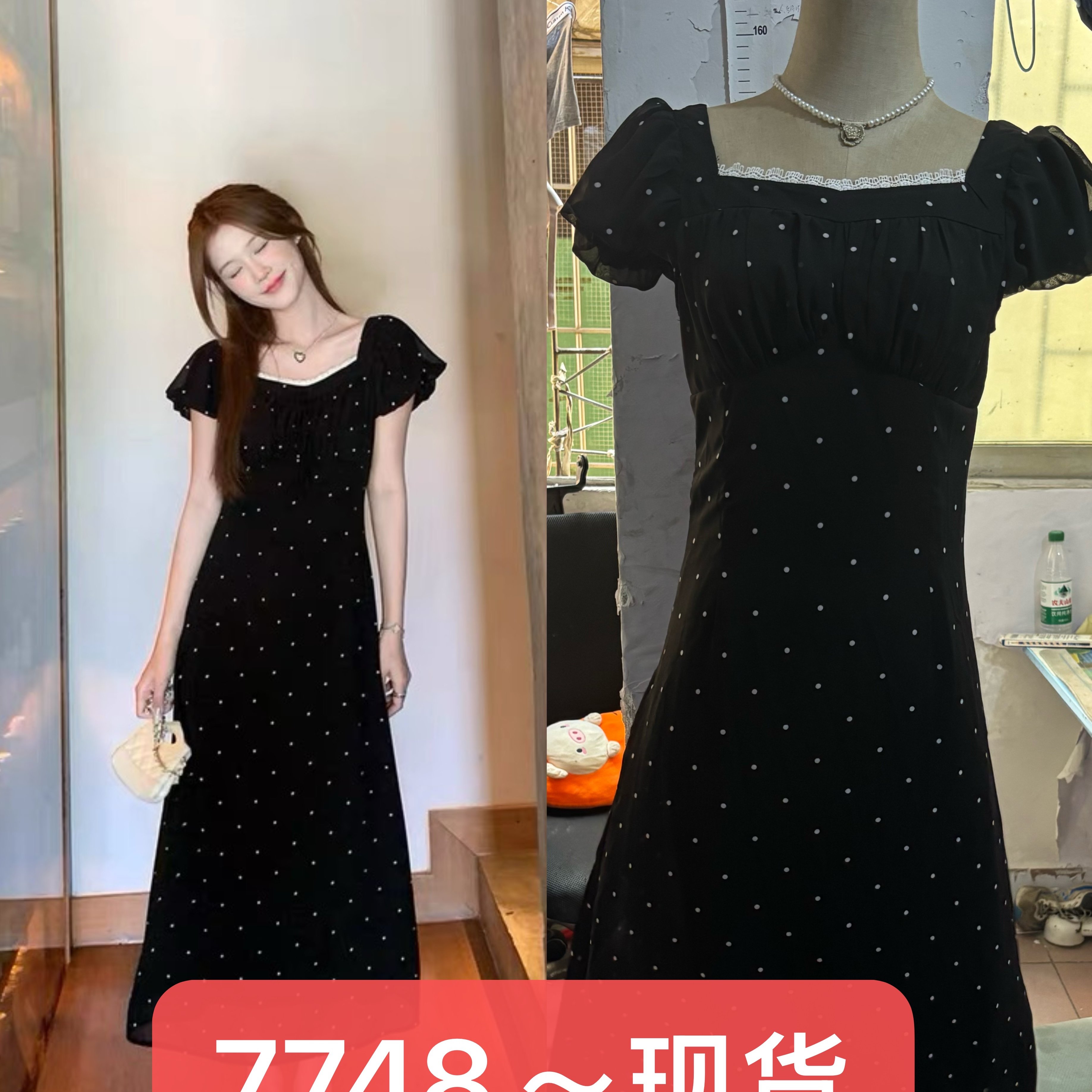 杨杨YANGRUOYU黑巧波点花苞袖绝美长裙A字收腰法式连衣裙