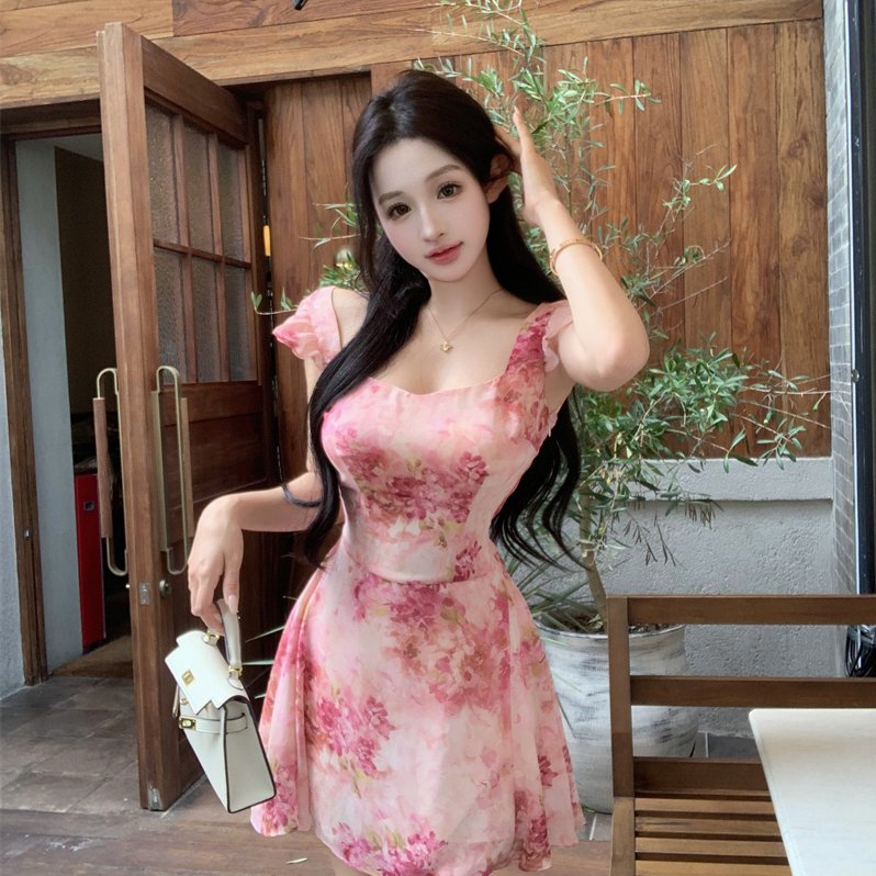 实拍实价粉色花海印花绑带连衣裙甜美浪漫连衣裙