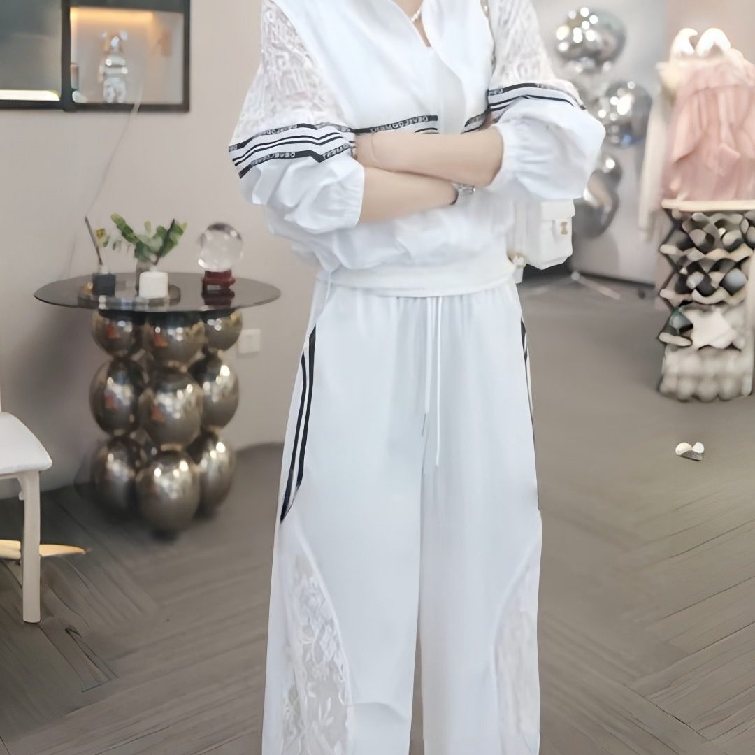 时尚休闲运动风套装女2026春季洋气条纹拼接开衫阔腿裤设计两件套