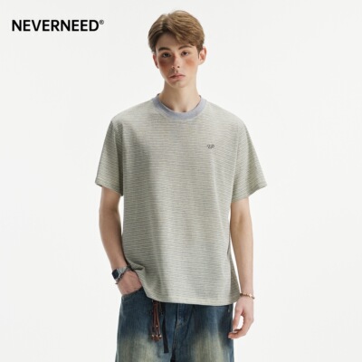 NEVERNEED刺绣条纹短袖圆领t恤男