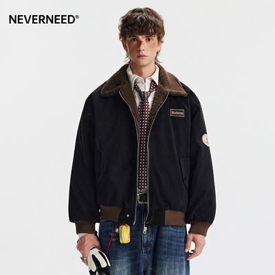 NEVERNEED羊羔绒拼接翻领棉衣男