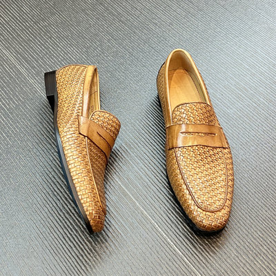 CEENIU意大利皮鞋男真皮一脚蹬乐福鞋手工编织男士商务套脚休闲鞋