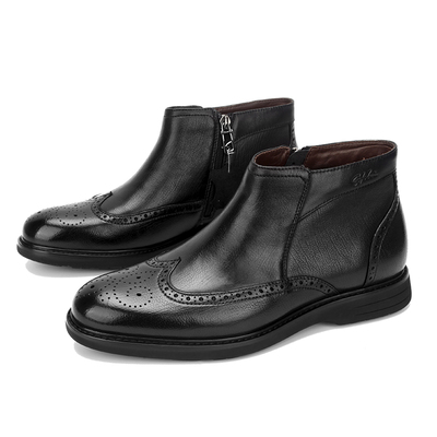 沙驰冬季布洛克加绒保暖高帮皮鞋