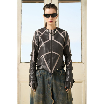 BORON ATOMS23SS肌理贴皮裁剪拼接设计修身圆领外套