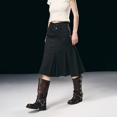 半身裙双层腰斜门襟百褶裙