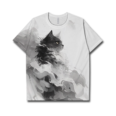原创国潮水墨猫咪古风云速干T恤