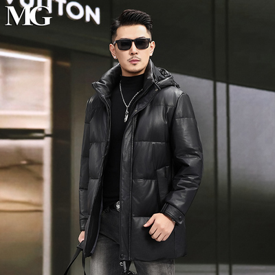 进口头层小牛皮可拆卸帽羽绒服