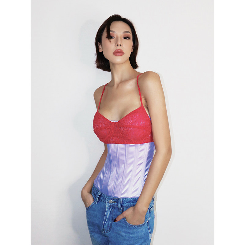 【5折】Dua Lipa蕾丝拼接可调节千禧紫缎面鱼骨吊带背心女