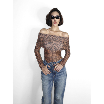 VanessaLab 秋冬豹纹透视性感一字肩上衣女野性露背长袖弹力打底