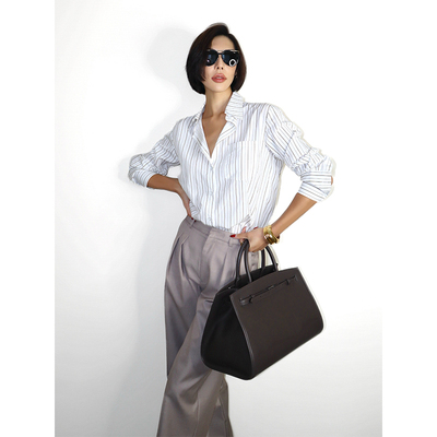 VanessaLab hoskelsa小众老钱风翻领长袖条纹白色宽松休闲衬衫女