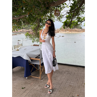 VanessaLab 性感深v领无袖亚麻连衣裙女白色收腰修身A字中长裙子