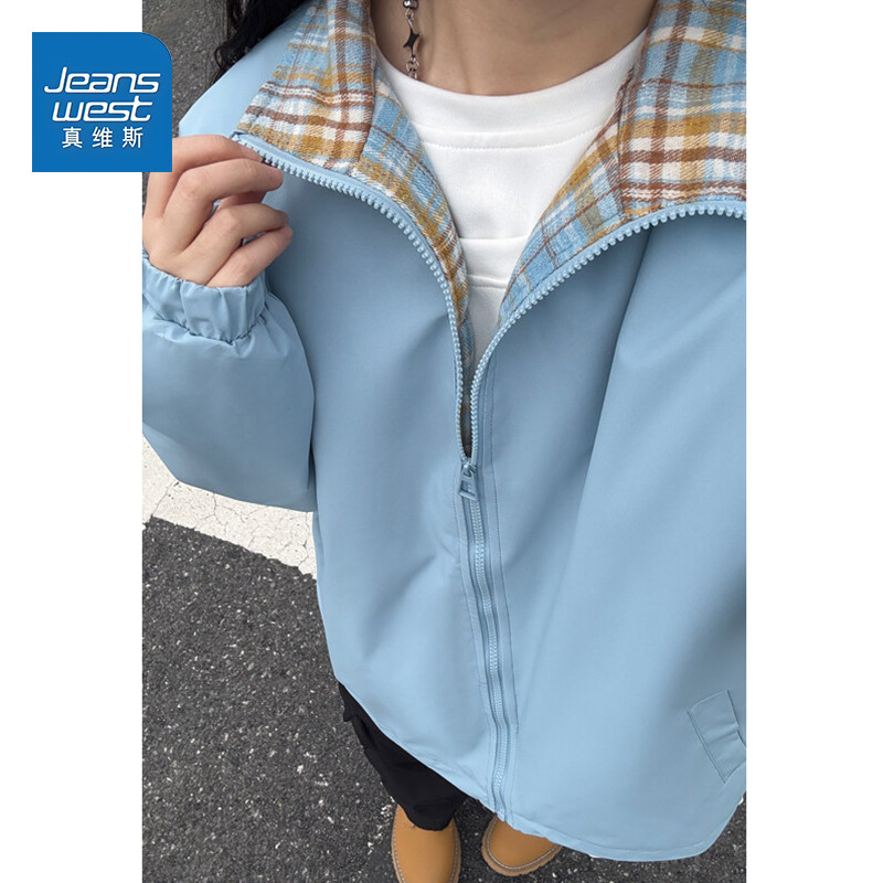 真维斯格子外套女秋季复古设计感宽松显瘦无帽上衣美式翻领夹克潮