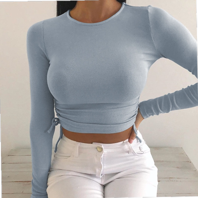 k Side Drawstring Knitted Rib Crop Top for Ladies Daily Wear