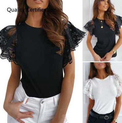 rk Patchwork Bare-neck Stitching Lace-up Sleeve T-Shirt Tops