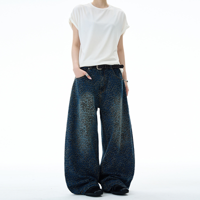 MADWITCH美式水洗豹纹弯刀牛仔裤