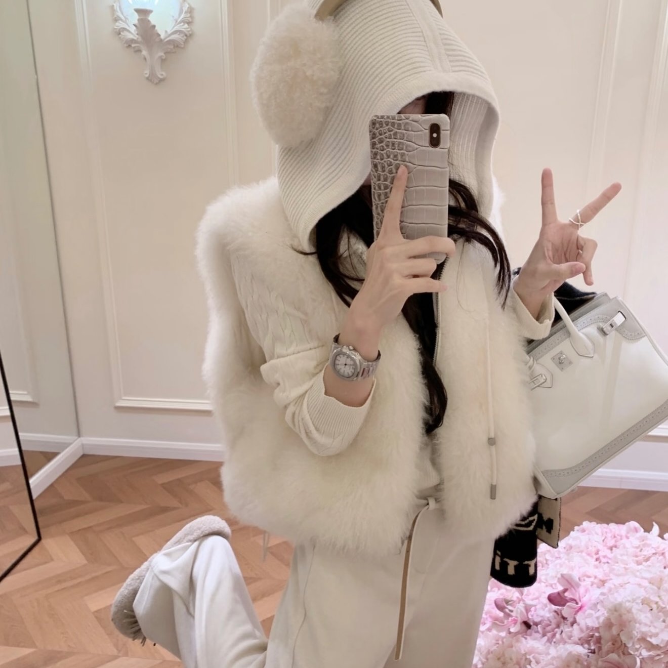 双面穿羊羔毛拼羽绒棉马甲 针织连帽 温柔仙女 皮草毛毛马夹外套
