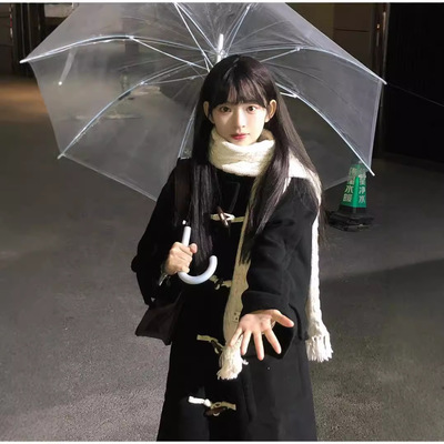 黑色牛角扣毛呢外套女韩系小个子中长款2024秋冬新款连帽大衣