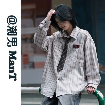 多口袋长袖衬衫潮牌翻领日系复古
