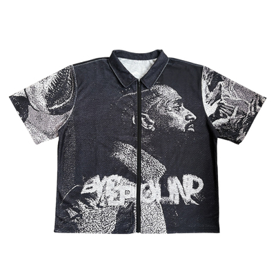 RULEE黑怕Drake公鸭衬衫拉链直喷印花马赛克画风嘻哈街舞说唱短袖