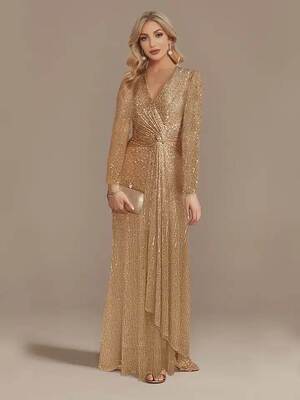 V-Neck Evening Dress Wedding Party Sequins Prom Dresses