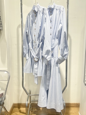 ZM家纯棉条纹衬衫裙长袖半高领简约女绑带设计收腰显瘦a字短裙