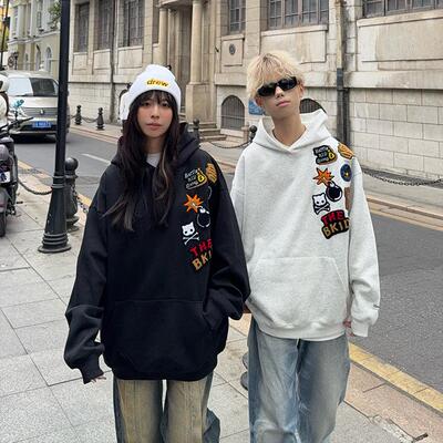 美式高街刺绣连帽卫衣