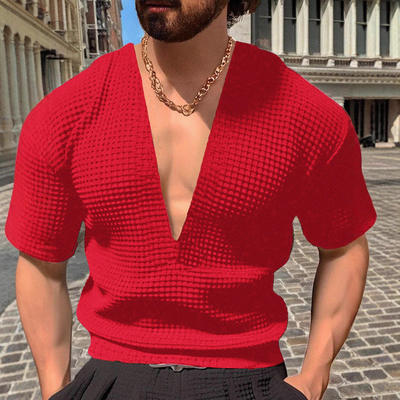 欧美外贸wish男士夏季运动健身休闲V领弹力纯色大码短袖T恤other