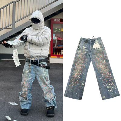 3D数码印花做旧铆钉烫钻牛仔裤