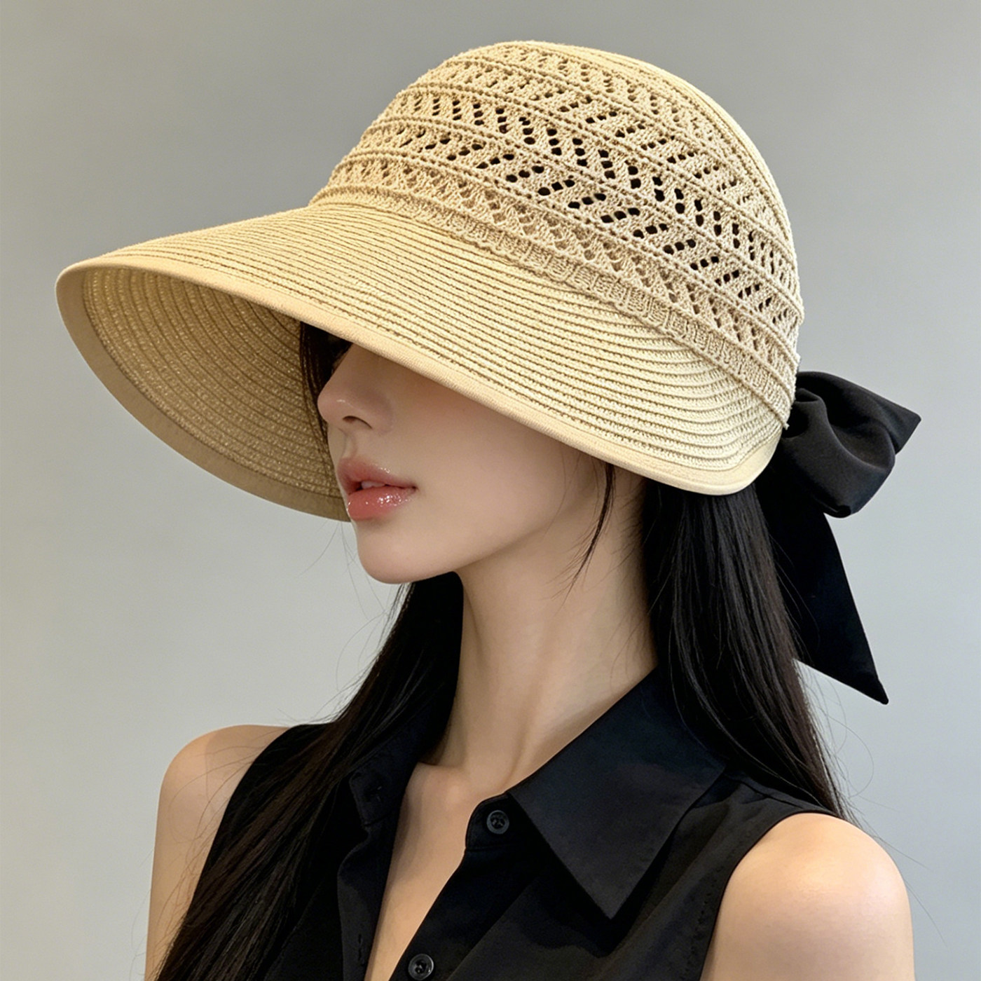 夏季大檐空顶草编防晒帽子女蝴蝶结透气遮阳帽显脸小太阳帽渔夫帽