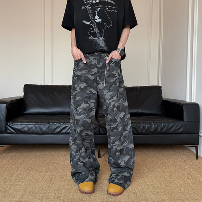 YORAINBOW 半松紧腰迷彩A字版型牛仔裤美式复古工装裤情侣休闲裤