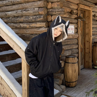 YORAINBOW耳朵连帽座山雕棉服cleanfit男款复古冬季加绒棉衣外套