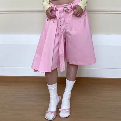 春夏粉色铆钉百褶假两件休闲中裤