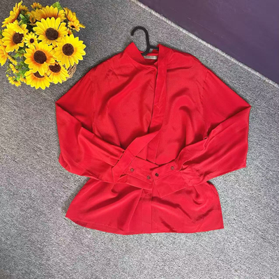 蘑菇英国代 B*V 暗红色领口飘带蝙蝠袖真丝衬衫 44码胸围112