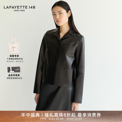 LAFAYETTE148/拉飞逸翻领贴袋羊皮皮质夹克外套直筒型长袖短外套