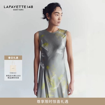 LAFAYETTE148/拉飞逸斜裁褶裥桑蚕丝印花连衣裙