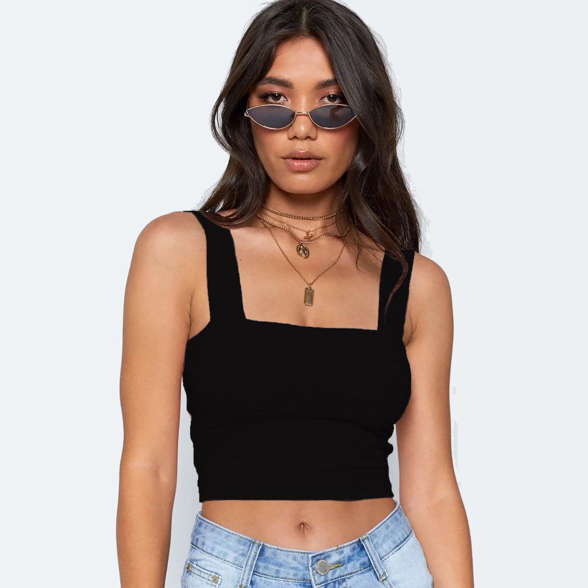 Crop Top Women Black Casual Basic T Shirt Off Shoulder Cami_虎窝淘