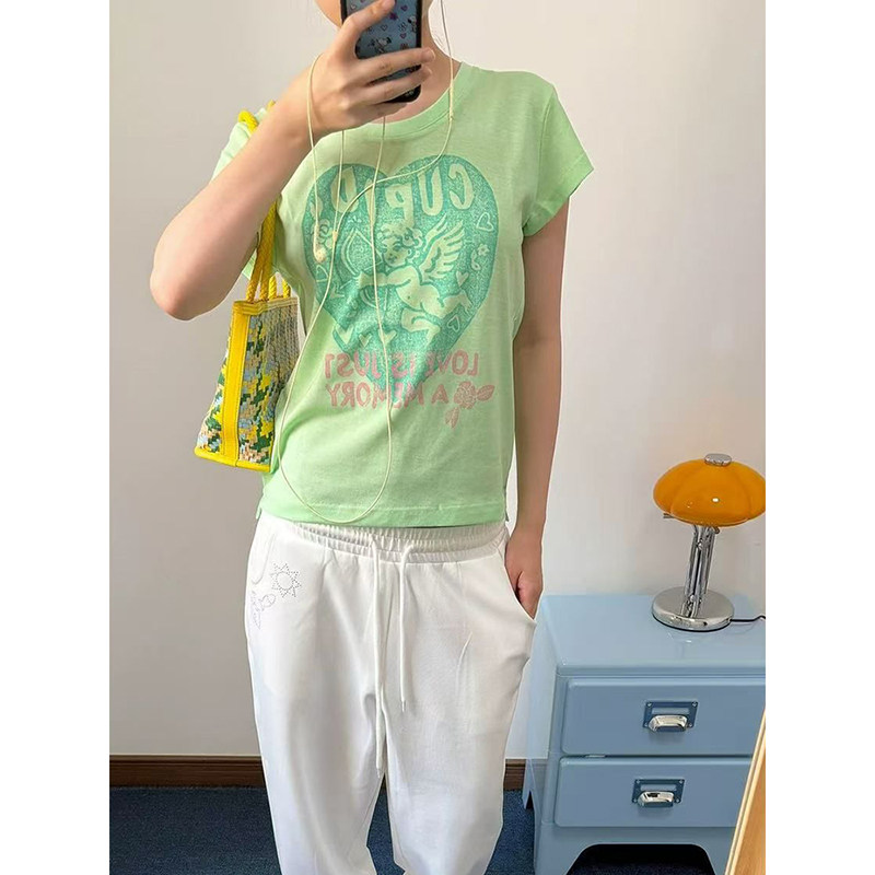 外贸原单出口~薄荷绿印花正肩短袖T恤女休闲百搭时尚上衣夏季新款