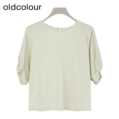 oldcolour夏季绿色桑蚕丝小清新减龄气质短袖套头衫BR290117A1
