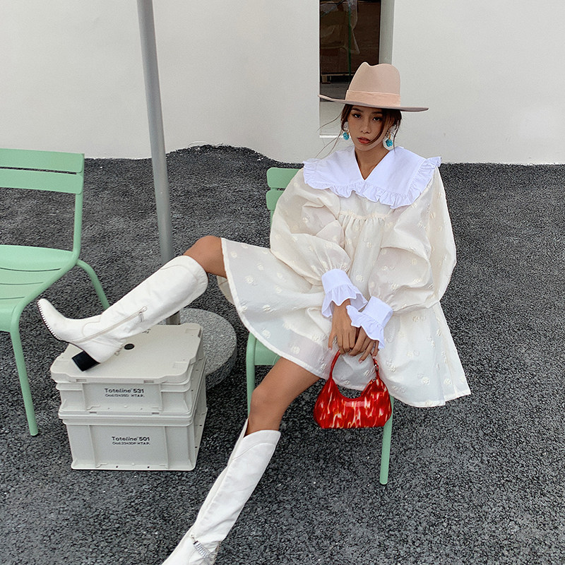 ESTER HSU花瓣立体提花宽松娃娃领连衣裙甜美_虎窝淘