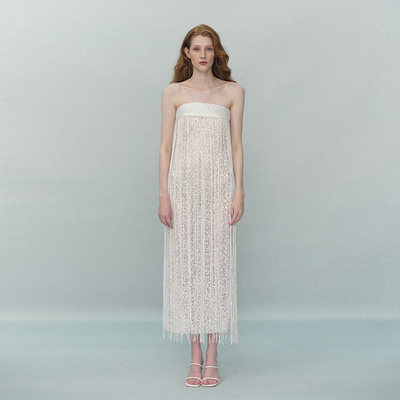 TENSION ARCHIVE满绣手工珍珠亮片流苏抹胸裙优雅灵动重工连衣裙